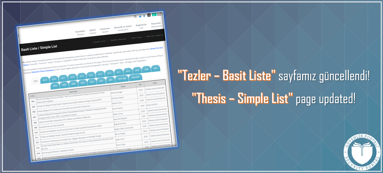 Tezler - Basit Liste sayfamız güncellendi! - Güvenlik Portalı
